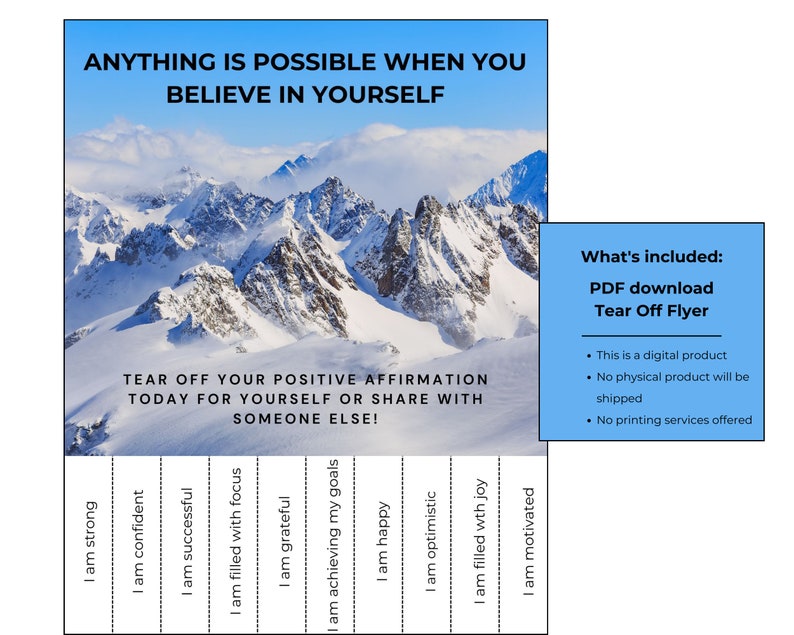 Positive Affirmation Tear off Flyer Believe in Yourself Instant ...