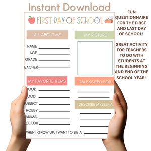 First and Last Day of School Questionnaire, Back to School Worksheet ...