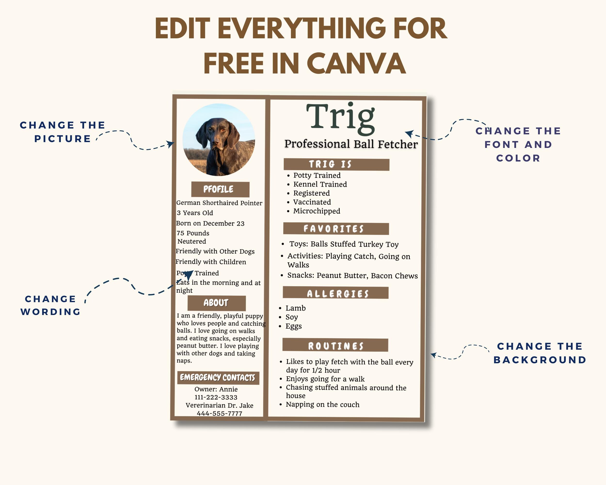 Customizable Pet Profile Canva Template, Pet Sitter Notes, Pet ...