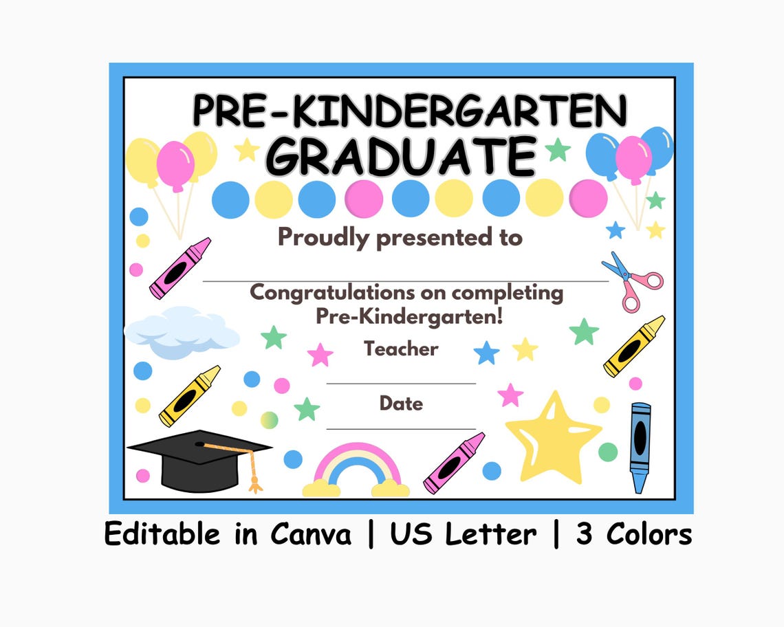 Editable Pre-kindergarten Graduation Certificate: Colorful Design ...