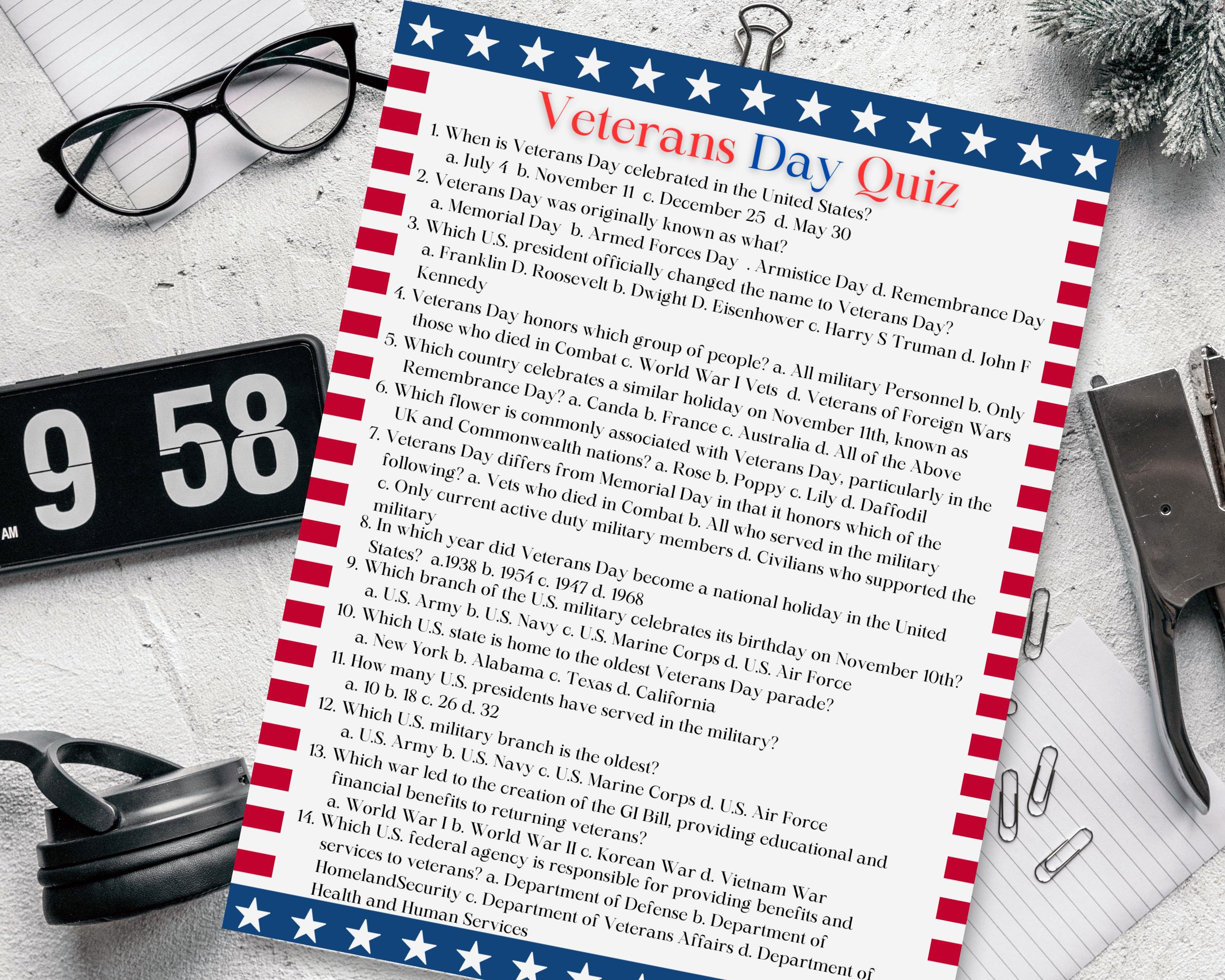 Veterans Day Trivia Veterans Day Quiz Classroom Games Church Activity ...