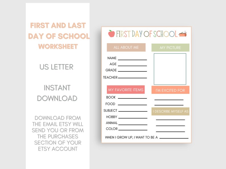 First and Last Day of School Questionnaire, Back to School Worksheet ...