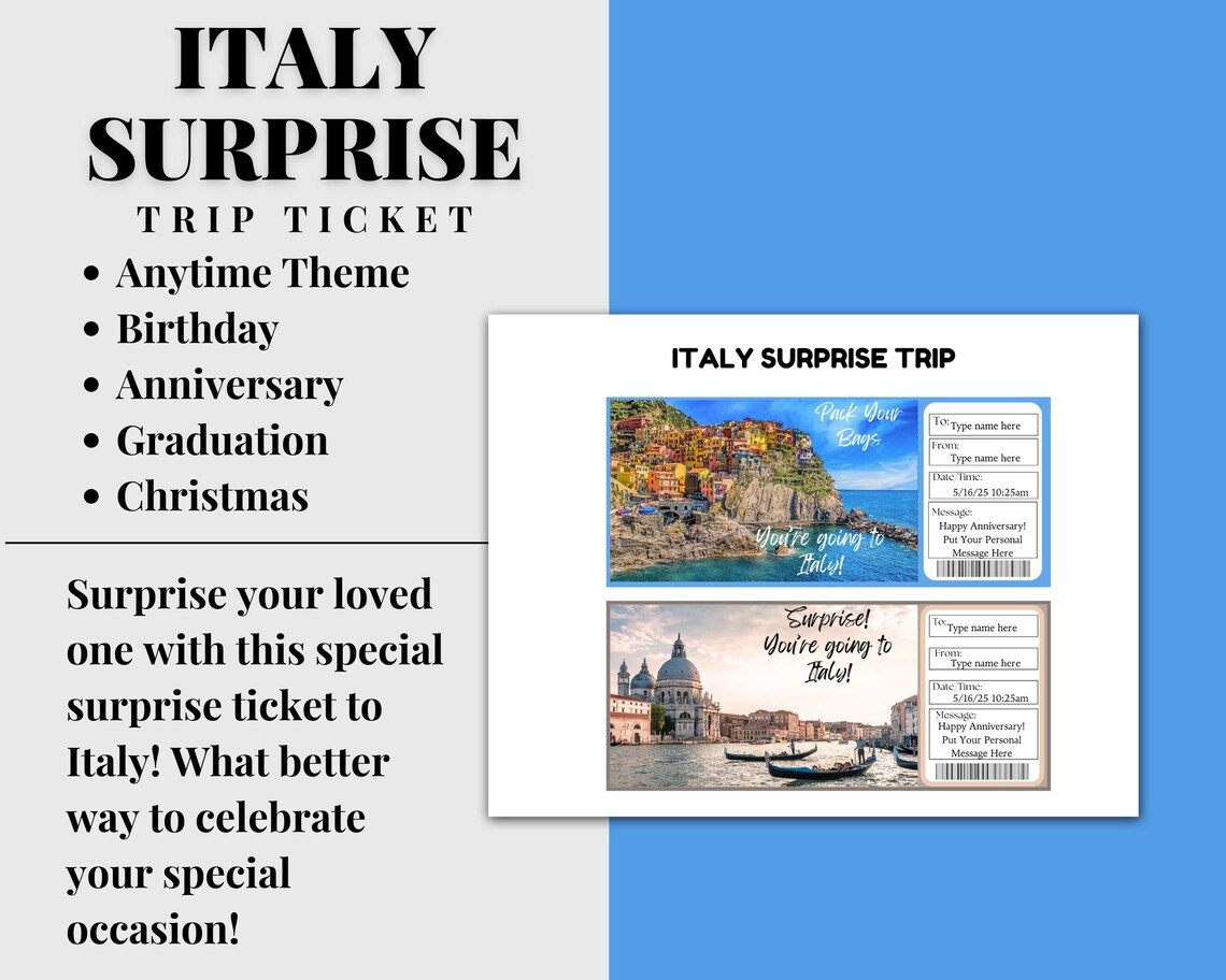 Italy Surprise Trip Ticket: Printable Vacation Reveal (PDF) - Etsy
