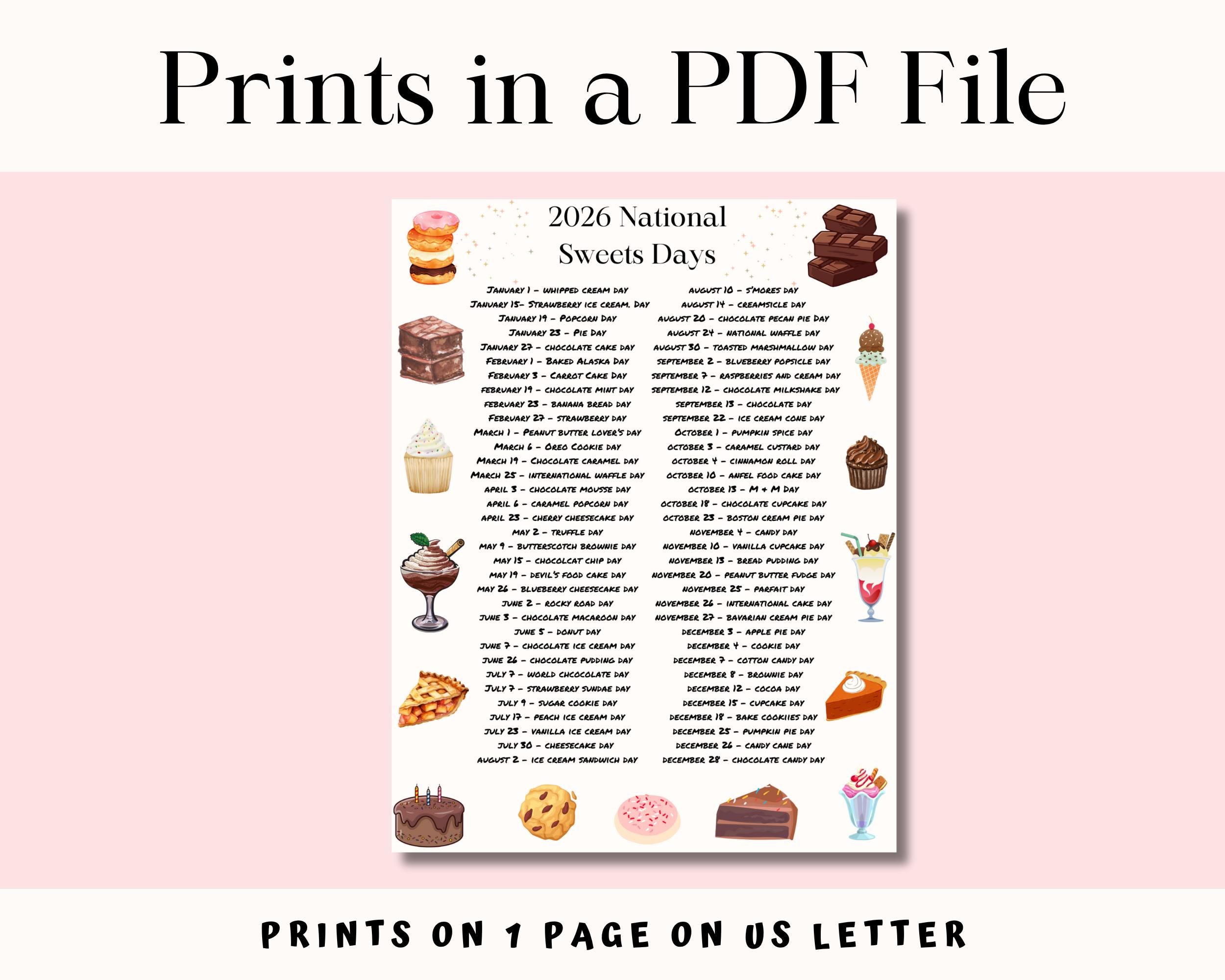 2026 National Sweets Days Calendar: Dessert Food Holiday Printable (PDF ...