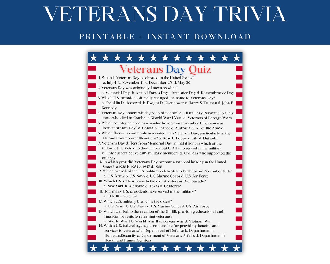 Veterans Day Trivia Game: US Military Quiz (PDF Download) - Etsy