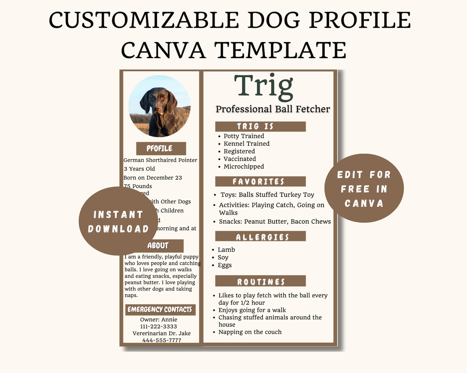 Customizable Pet Profile Canva Template: Dog Bio Resume (digital ...