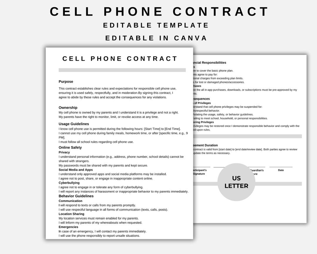 Cell Phone Contract: Parent Teenager Agreement (editable Canva PDF) - Etsy