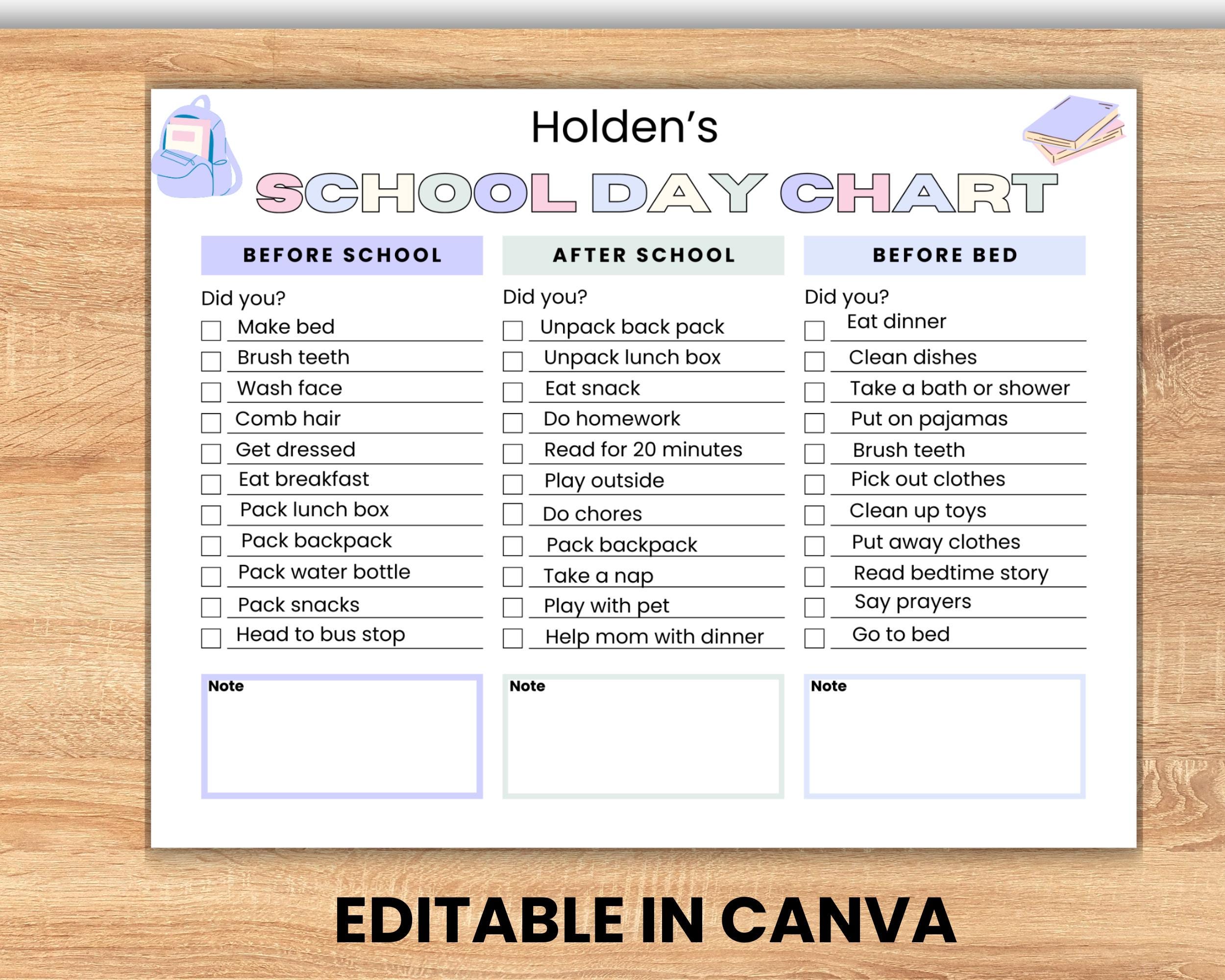 Editable School Day Chart, School Day Checklist, Organization Chart ...