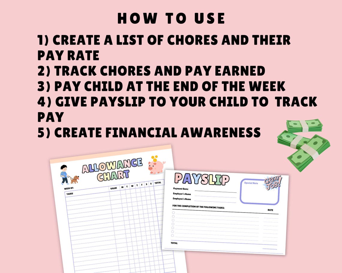 Kids Allowance Chart and Payslip Printable - Financial Responsibility ...