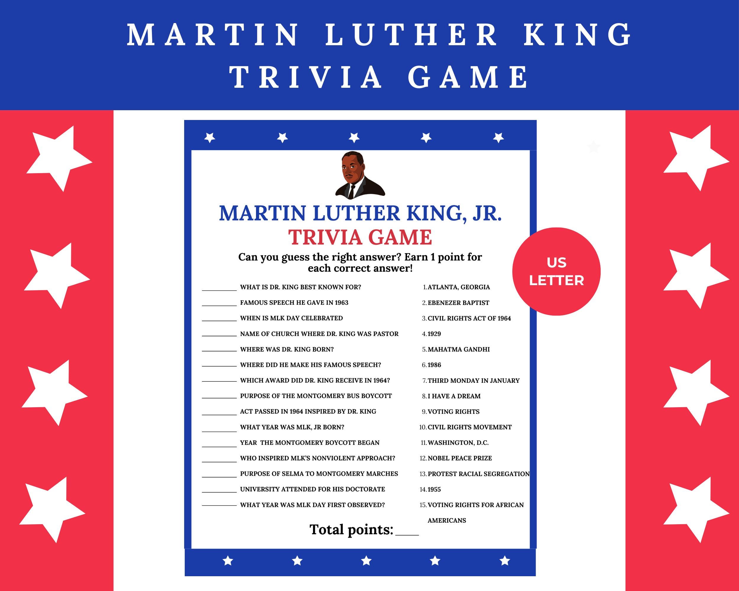 Martin Luther King Trivia Game - MLK Day Trivia - Classroom Activity ...