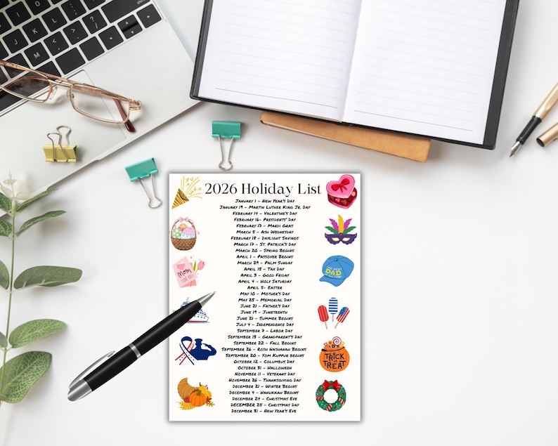 2026 Holiday List Printable: One-page Calendar (PDF Download) - Etsy