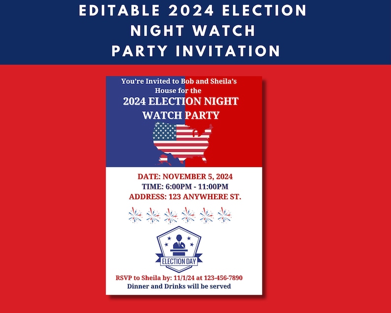 Editable 2024 Election Night Watch Party Invitation, Election Viewing ...