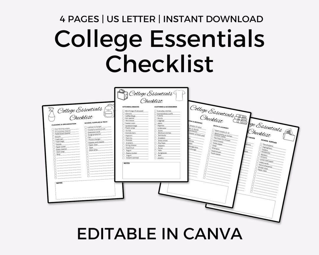 College Essentials Checklist: Printable Dorm Packing List (PDF) - Etsy