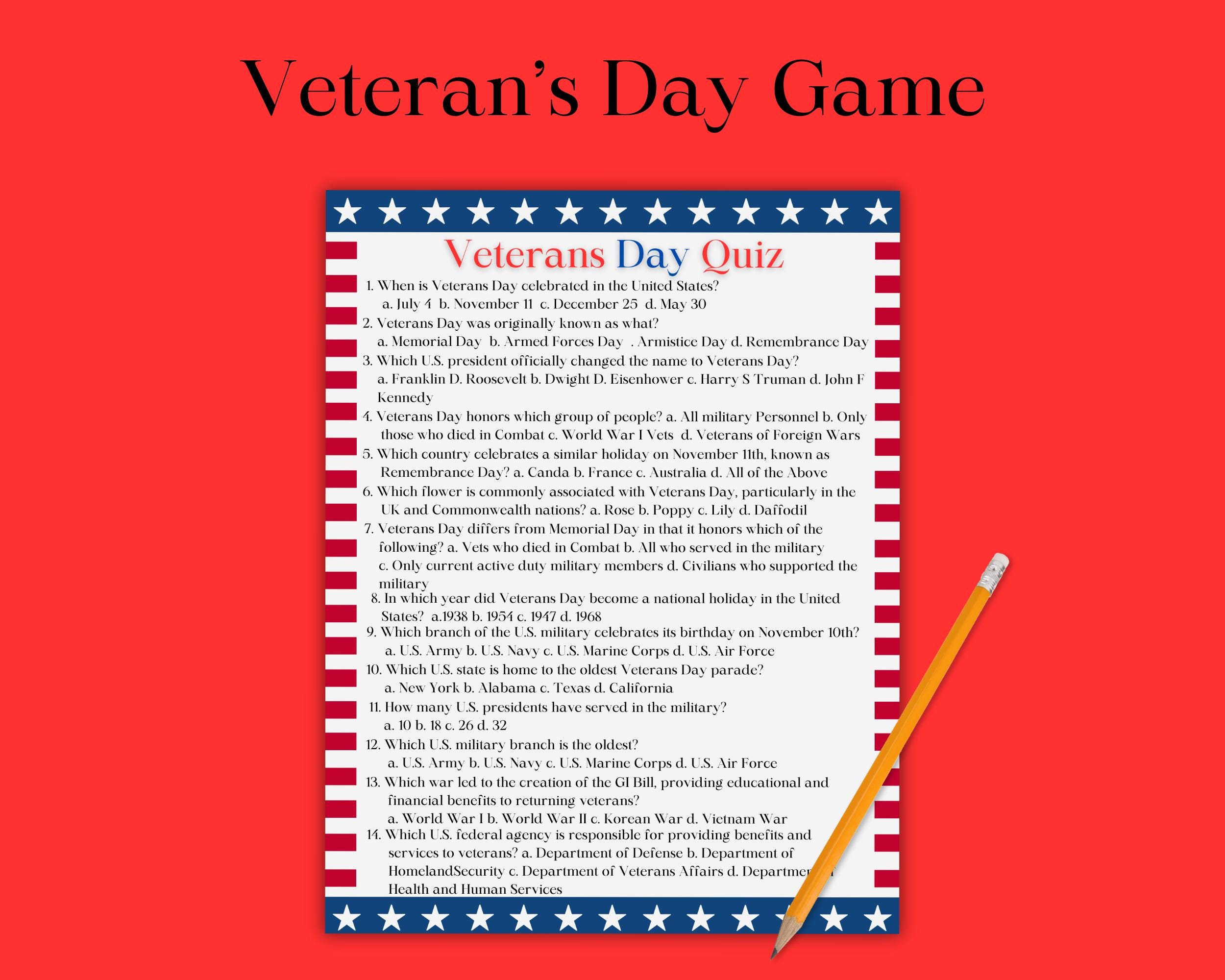 Veterans Day Trivia Veterans Day Quiz Classroom Games Church Activity ...