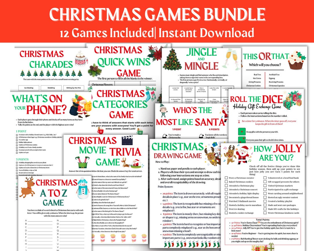 12 Printable Christmas Game Bundle, Christmas Party Games, Christmas ...