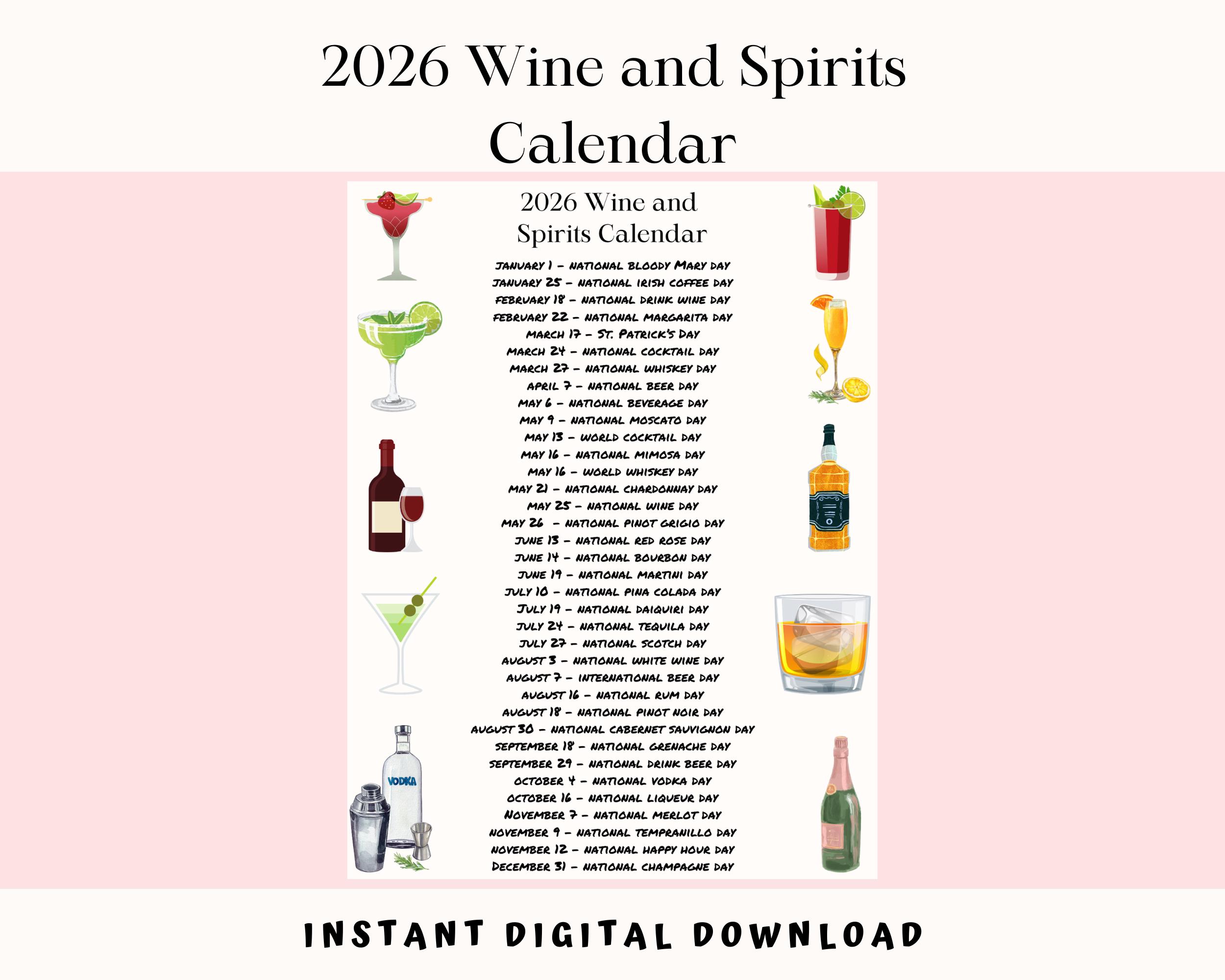 2026 Wine & Spirits Calendar: Special Drink Days (PDF Download) - Etsy
