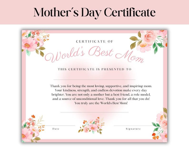 Mother's Day Certificate - World's Best Mom Award - Celebrate Mom - Mom ...