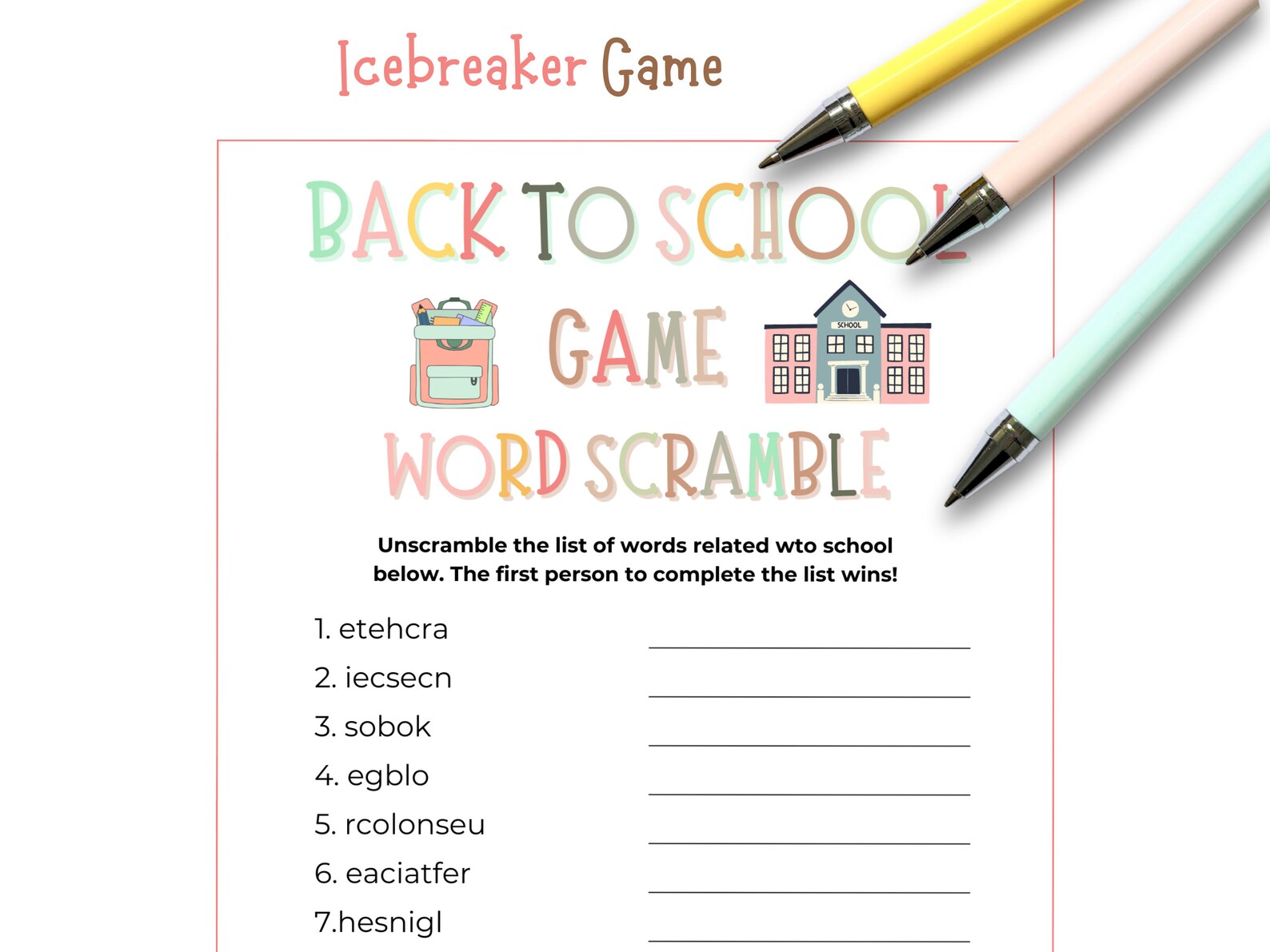 Back to School Word Scramble - First Day of School Game - Ice Breaker ...