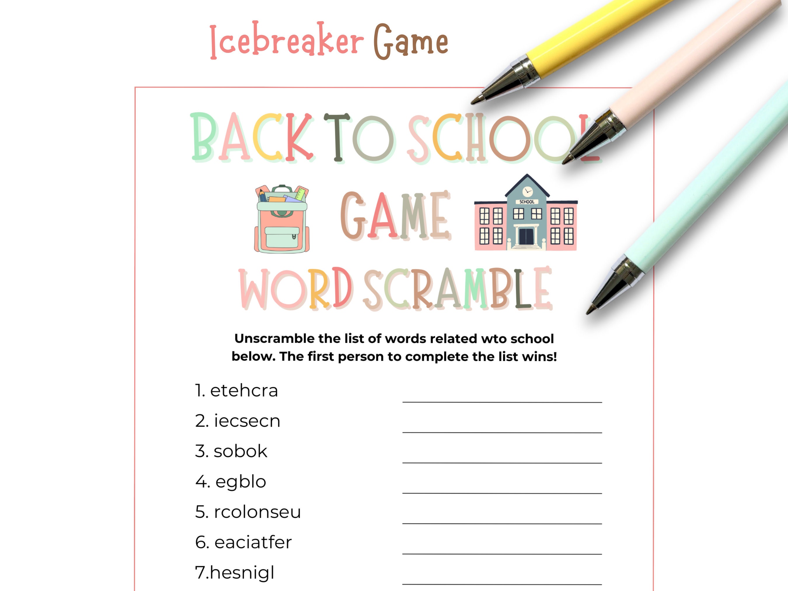 Back to School Word Scramble - First Day of School Game - Ice Breaker ...