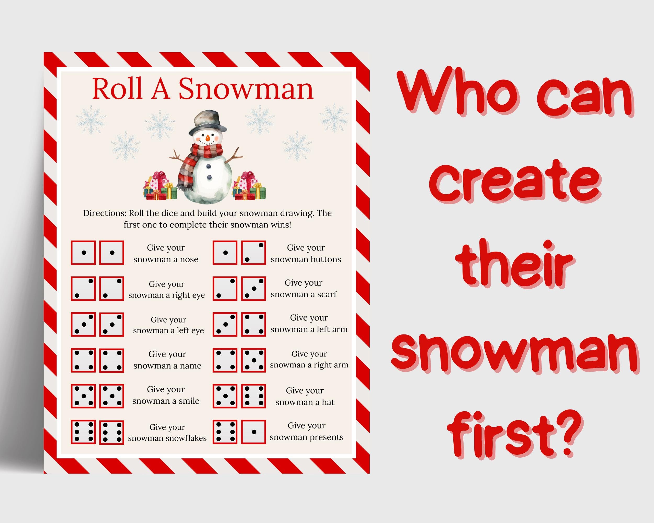 Roll a Snowman Printable Game | Winter Holiday Activity (PDF) - Etsy