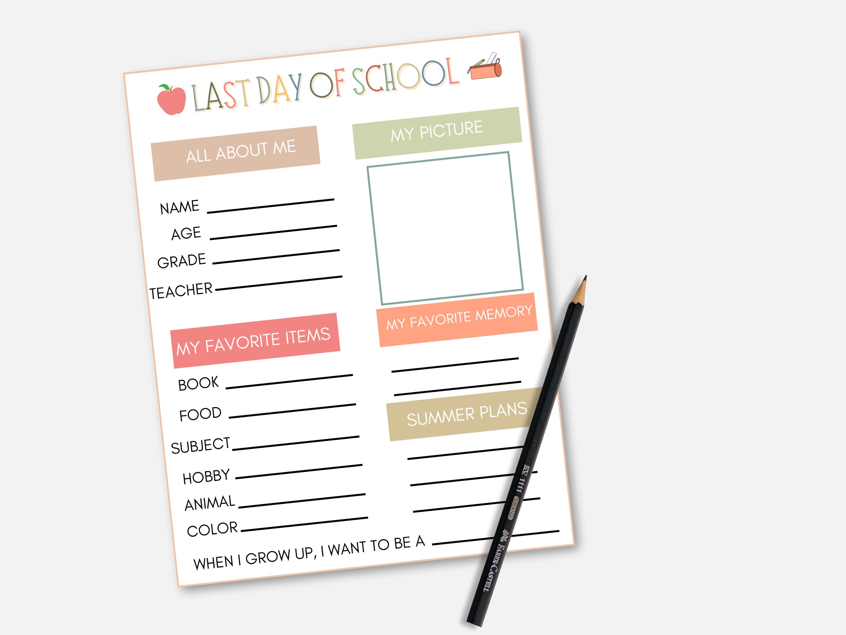 First and Last Day of School Questionnaire, Back to School Worksheet ...