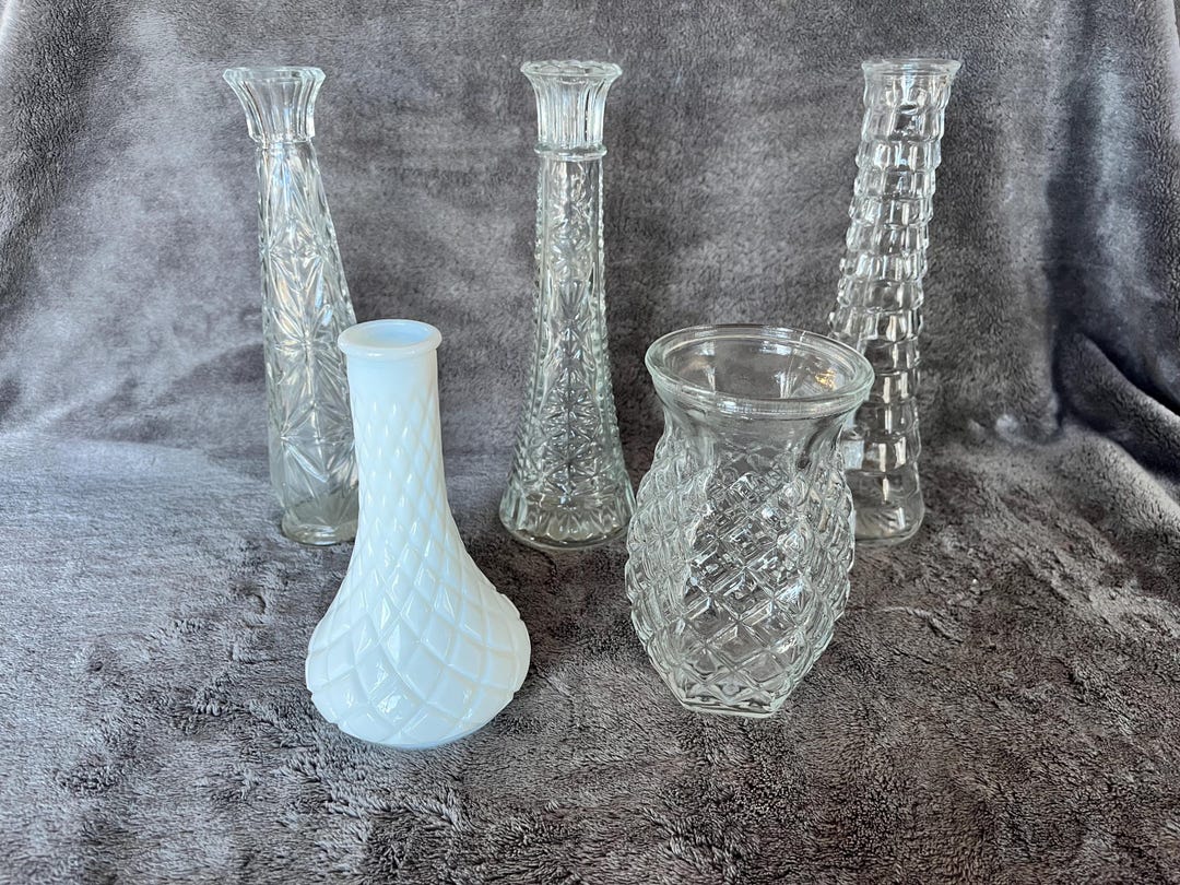 Group of Five Vintage Clear and Milk Glass Pressed Glass Vases Various ...