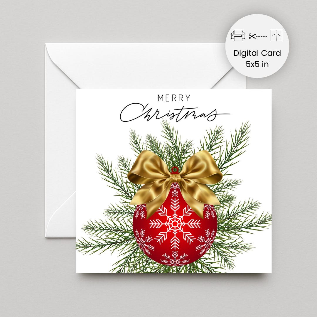 Red Bauble Ornament Printable Holiday Greeting Card, Christmas Square ...