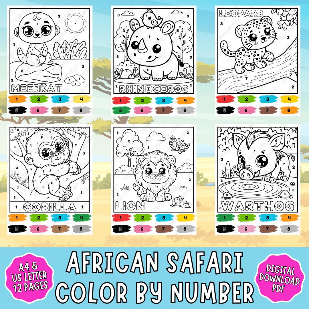 African Safari Animals Color by Number US Letter and A4 Kid's Learning ...