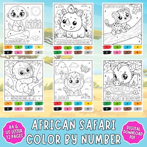 African Safari Animals Color by Number US Letter and A4 Kid's Learning ...