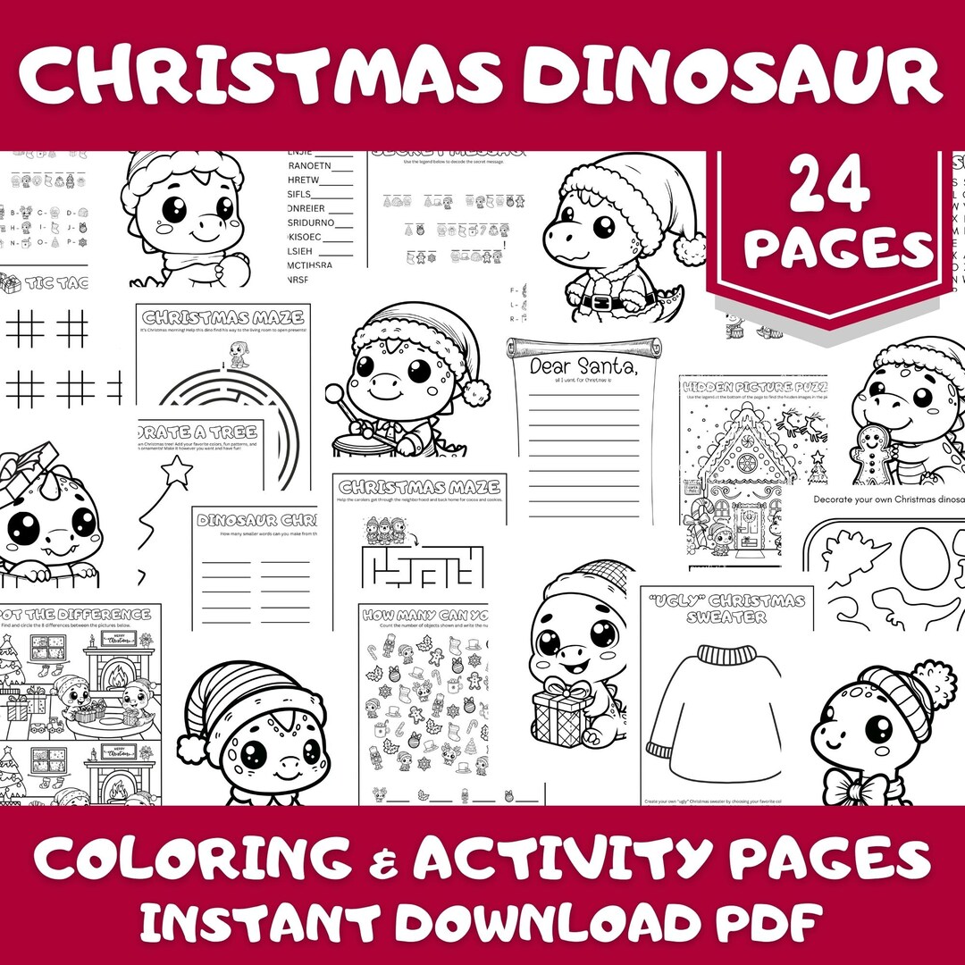Dinosaur Christmas Coloring and Activity Printable Pages Fun Engaging ...