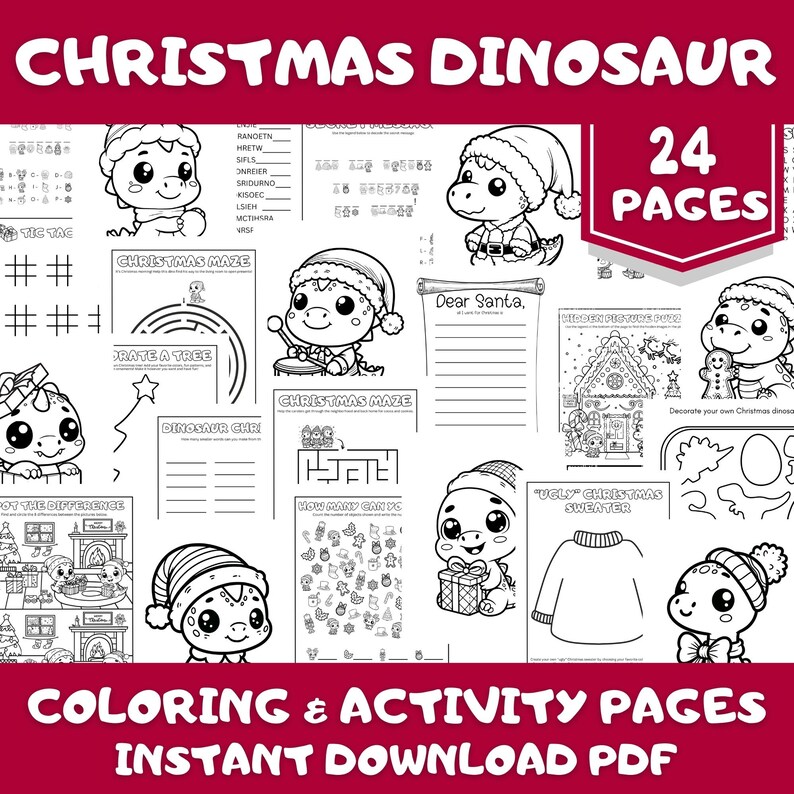 Dinosaur Christmas Coloring and Activity Printable Pages Fun Engaging ...