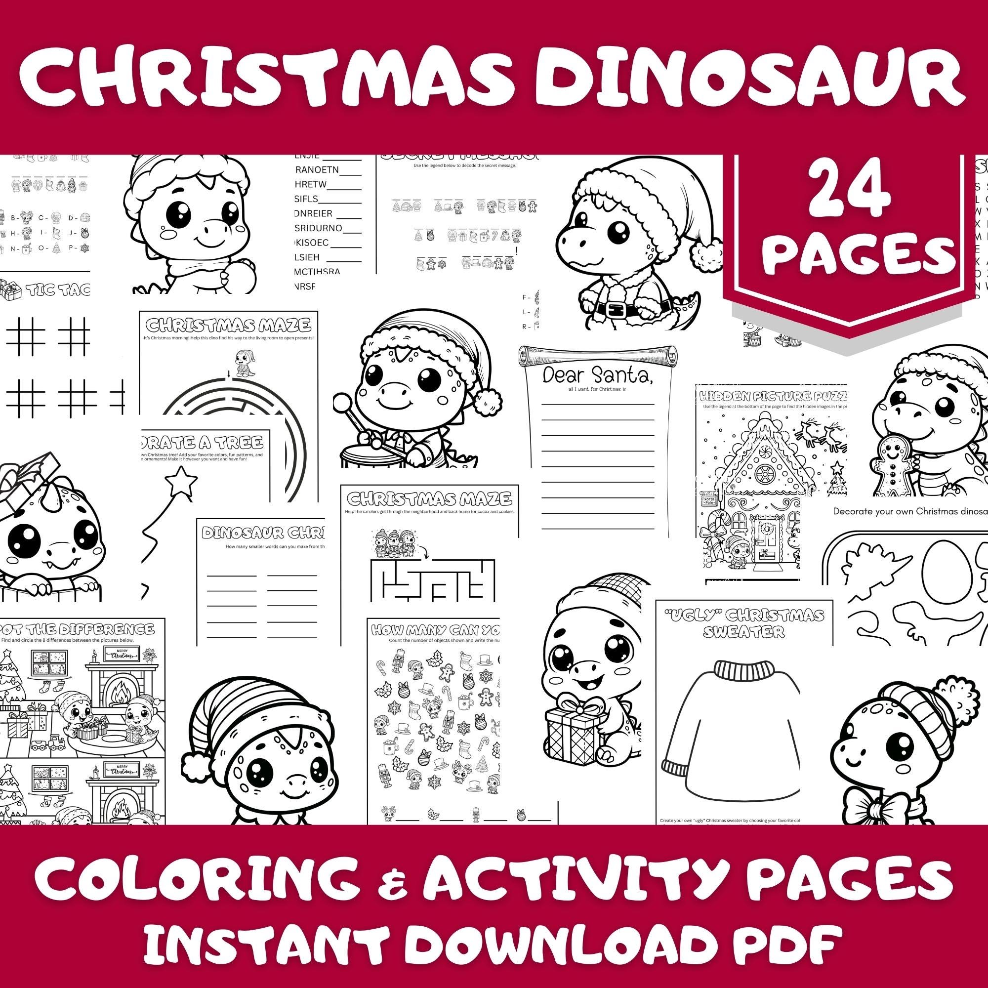 Dinosaur Christmas Coloring and Activity Printable Pages Fun Engaging ...