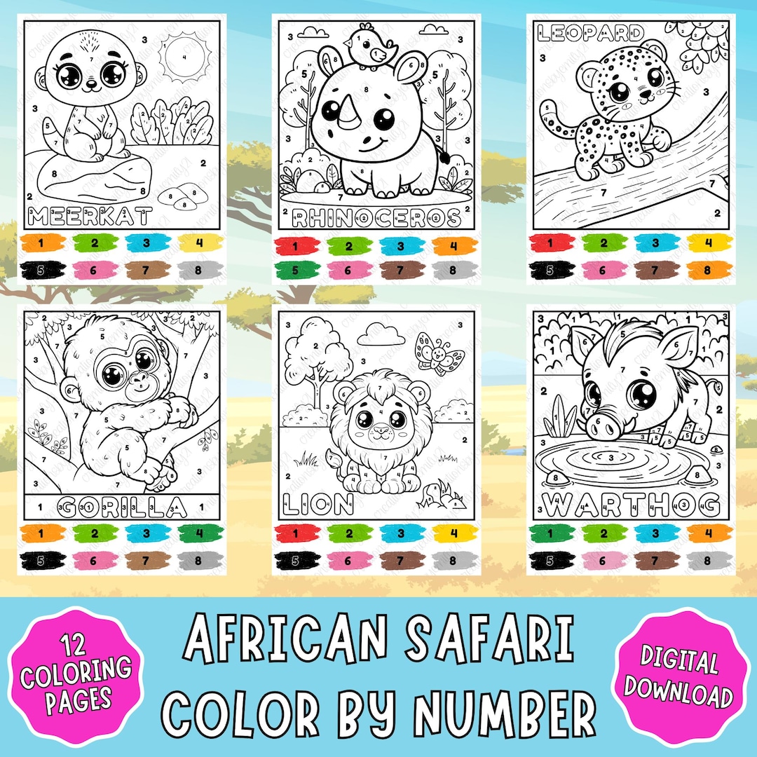 African Safari Animals Color by Number Kid's Learning Activity Instant ...