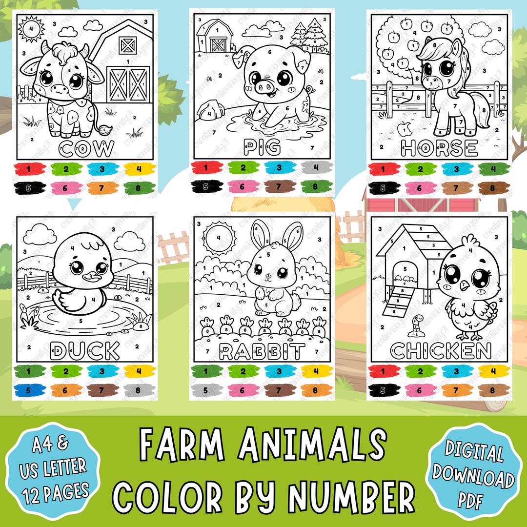 Farm Animals Color by Number US Letter and A4 Size Instant Digital ...