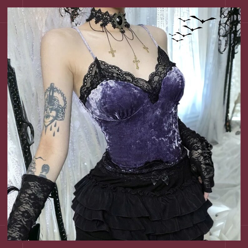 E-girl Gothic Purple Lace Trim Velvet Camisole Grunge Punk V-neck ...