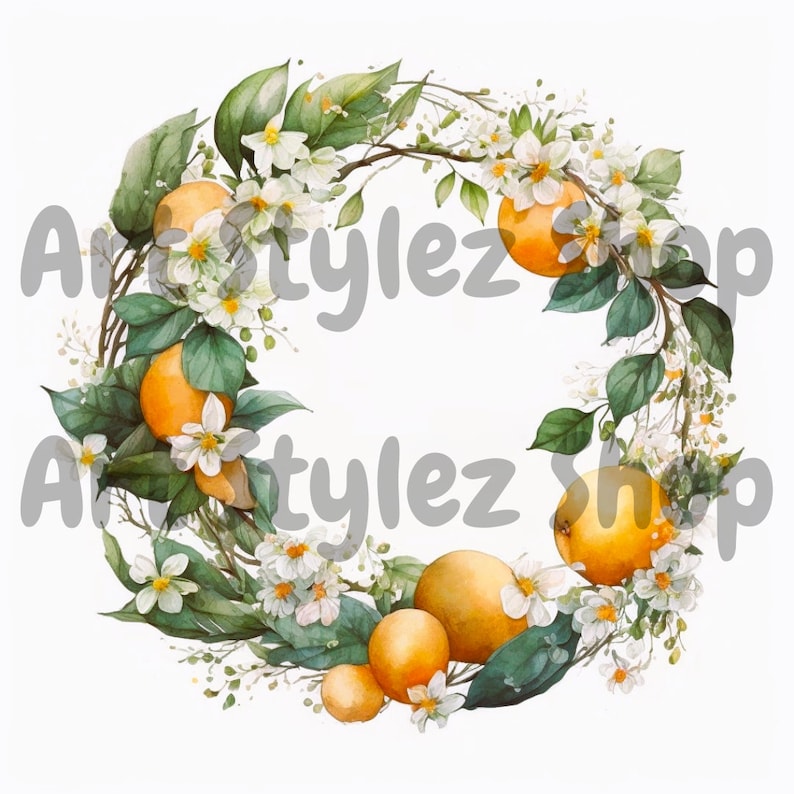 Watercolor Orange Clipart – Floral Wreath, Twigs, Flowers (digital ...