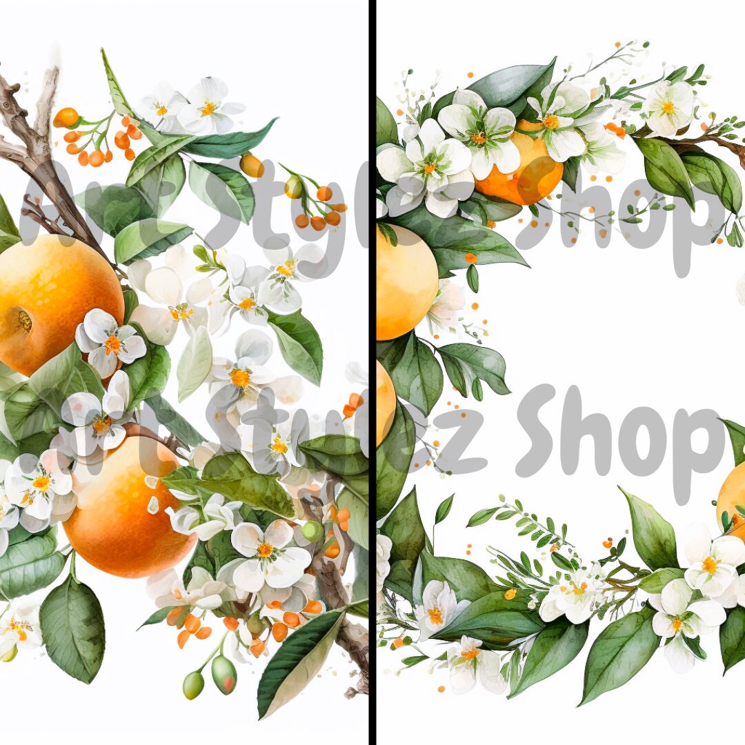 Watercolor Orange Clipart – Floral Wreath, Twigs, Flowers (digital ...