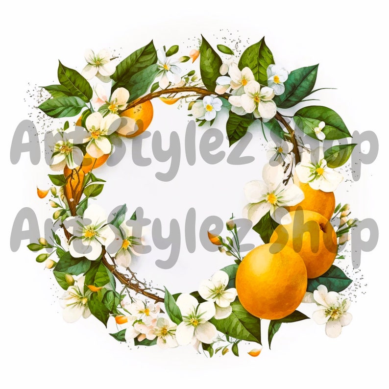 Watercolor Orange Clipart – Floral Wreath, Twigs, Flowers (digital ...
