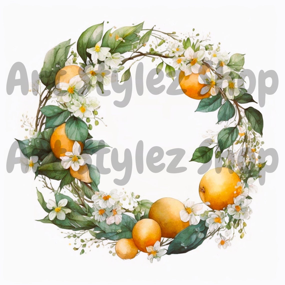 Watercolor Orange Clipart – Floral Wreath, Twigs, Flowers (digital ...