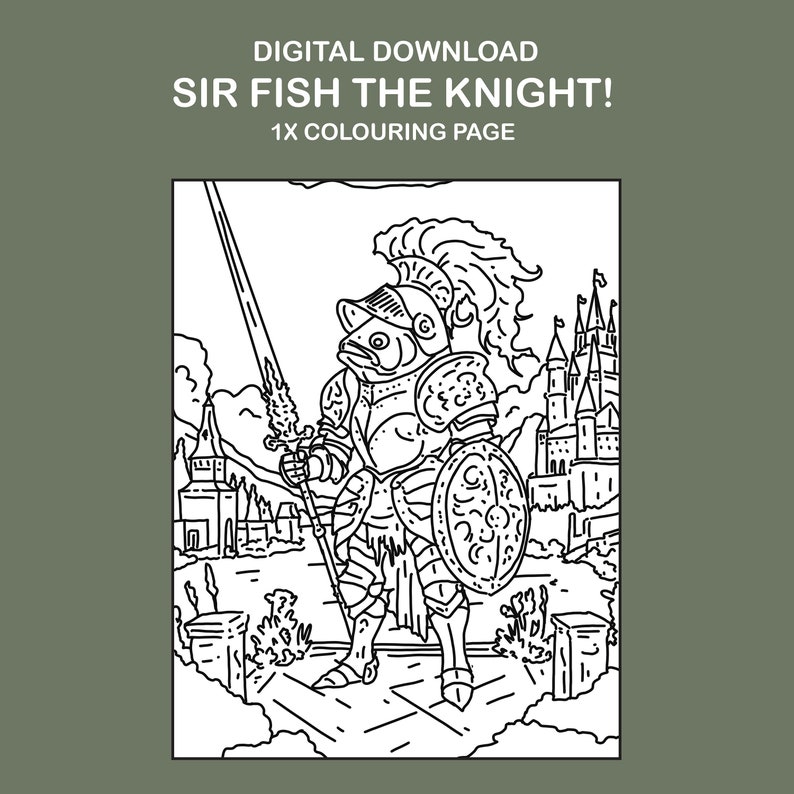 Sir Fish the Knight Colouring Page Coloring Page Digital Download - Etsy