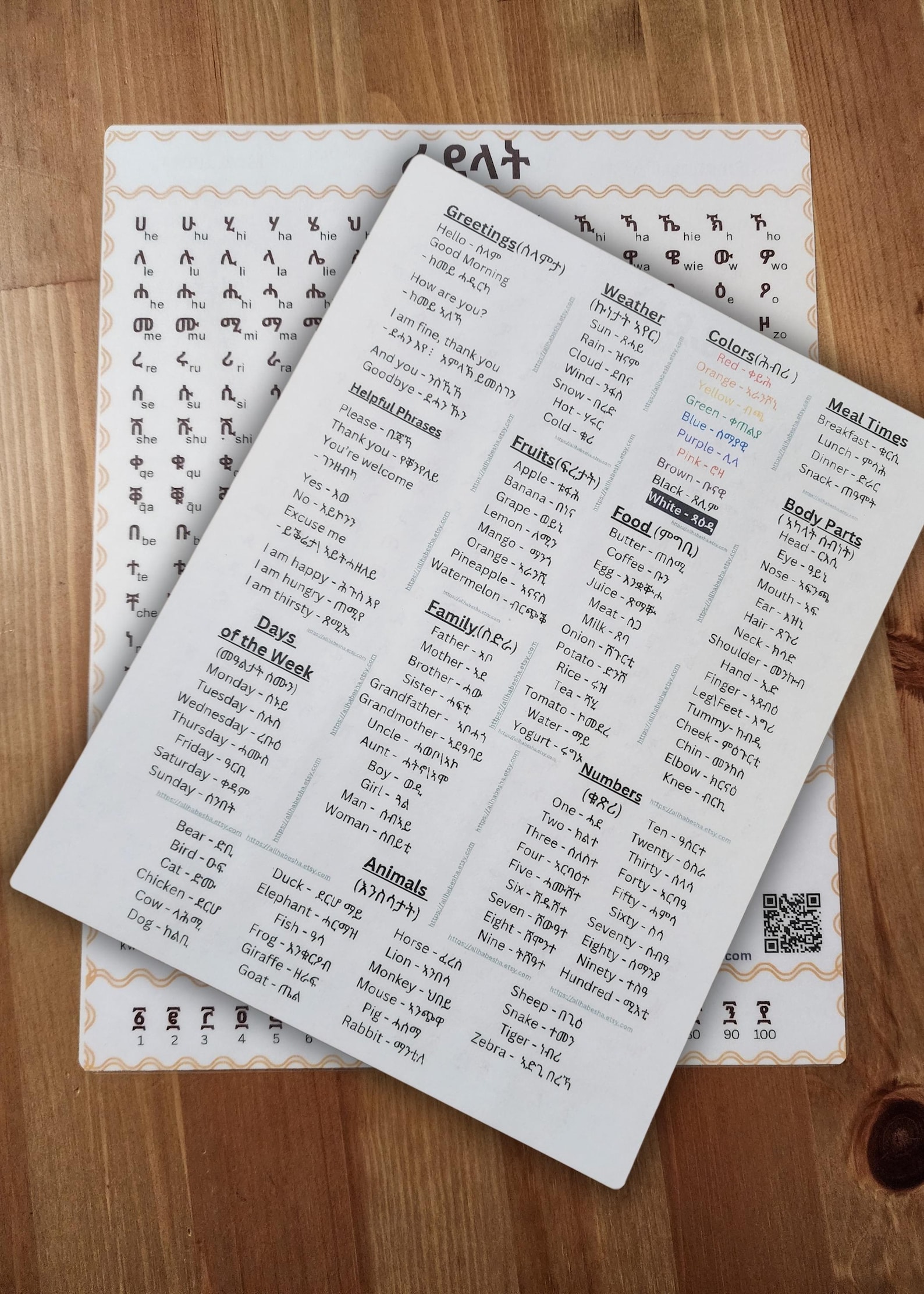 Tigrinya Alphabet Chart: Fidelat Learning With Common Words - Etsy