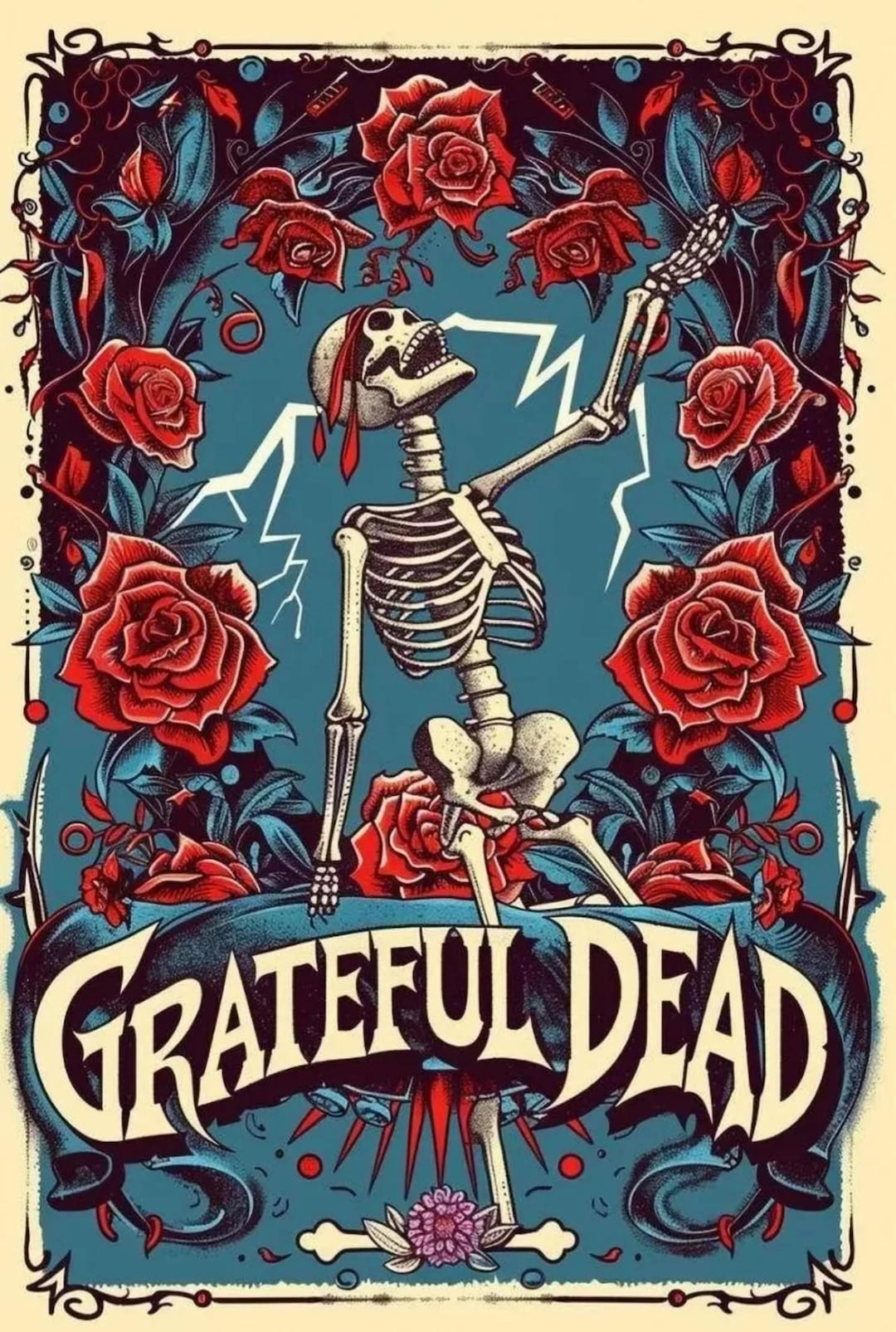 Grateful Dead Skeleton & Roses Poster Psychedelic Vintage Style Wall ...