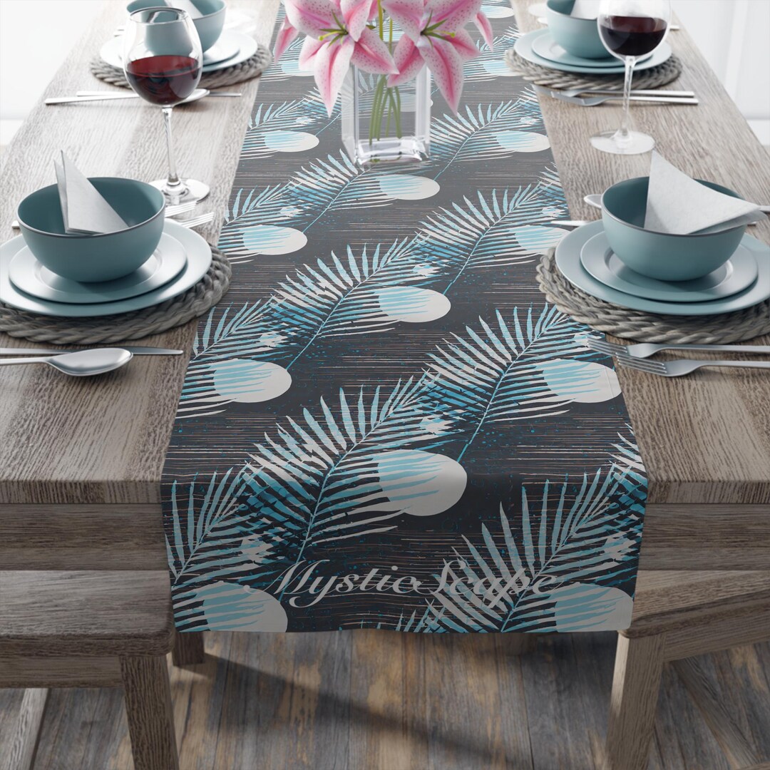 Palm Leaf Table Runner: Dark Blue Geometric Print, Cotton or Polyester ...