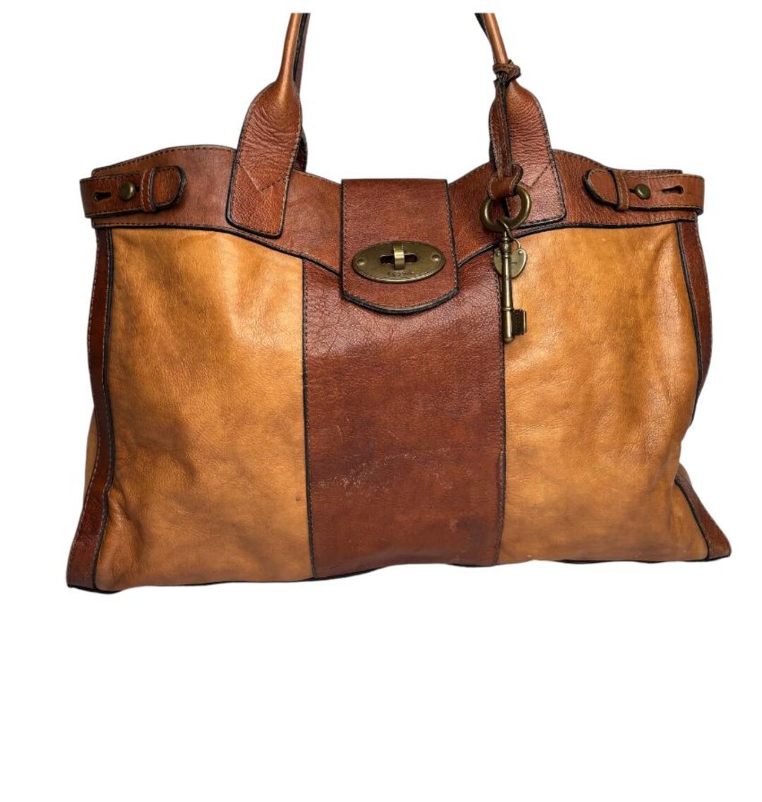 Vintage Fossil Leather Satchel Top-handle Large Tote Attache Weekender ...