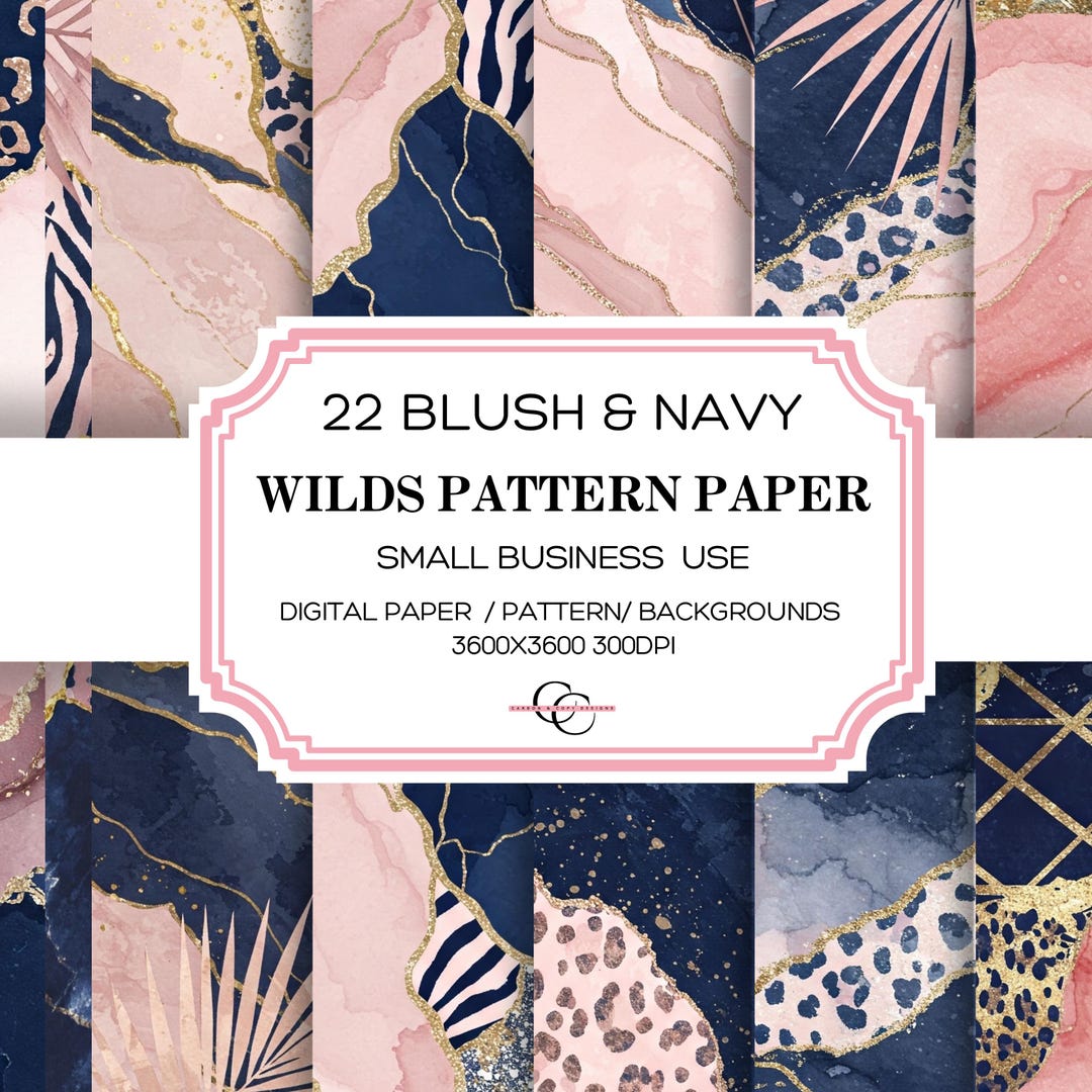 Blush Navy Gold Digital Paper Pack: Animal Print, Marble & Botanical ...
