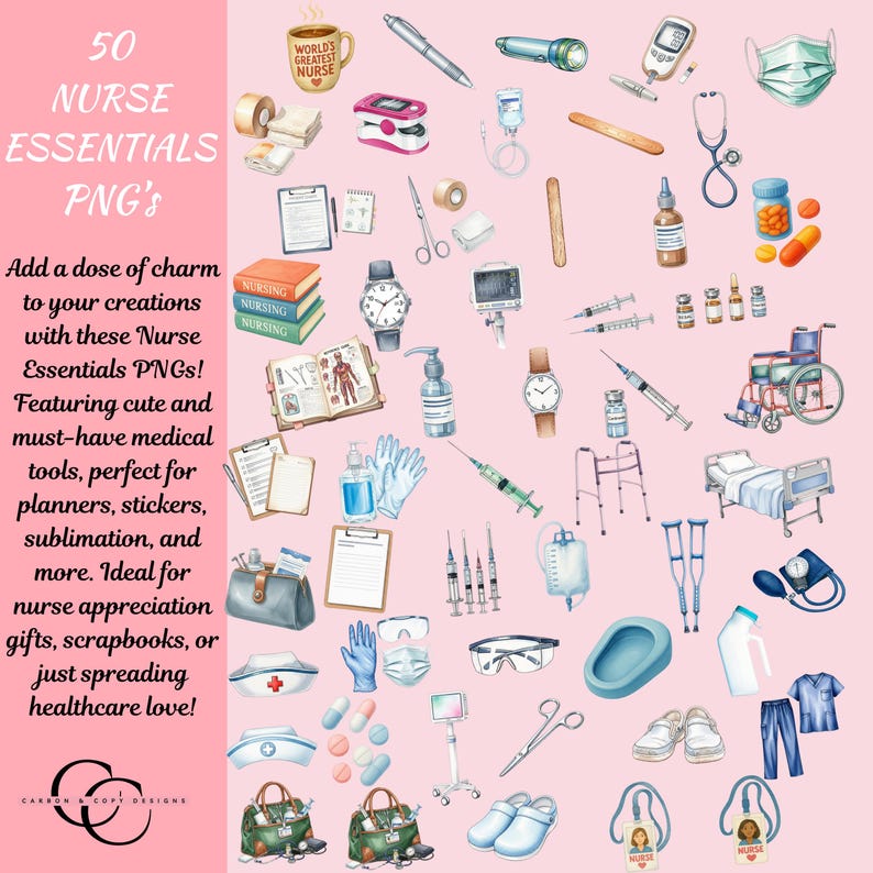 Nurse Essentials Clipart PNG Pack | Medical Tools Graphics (digital ...