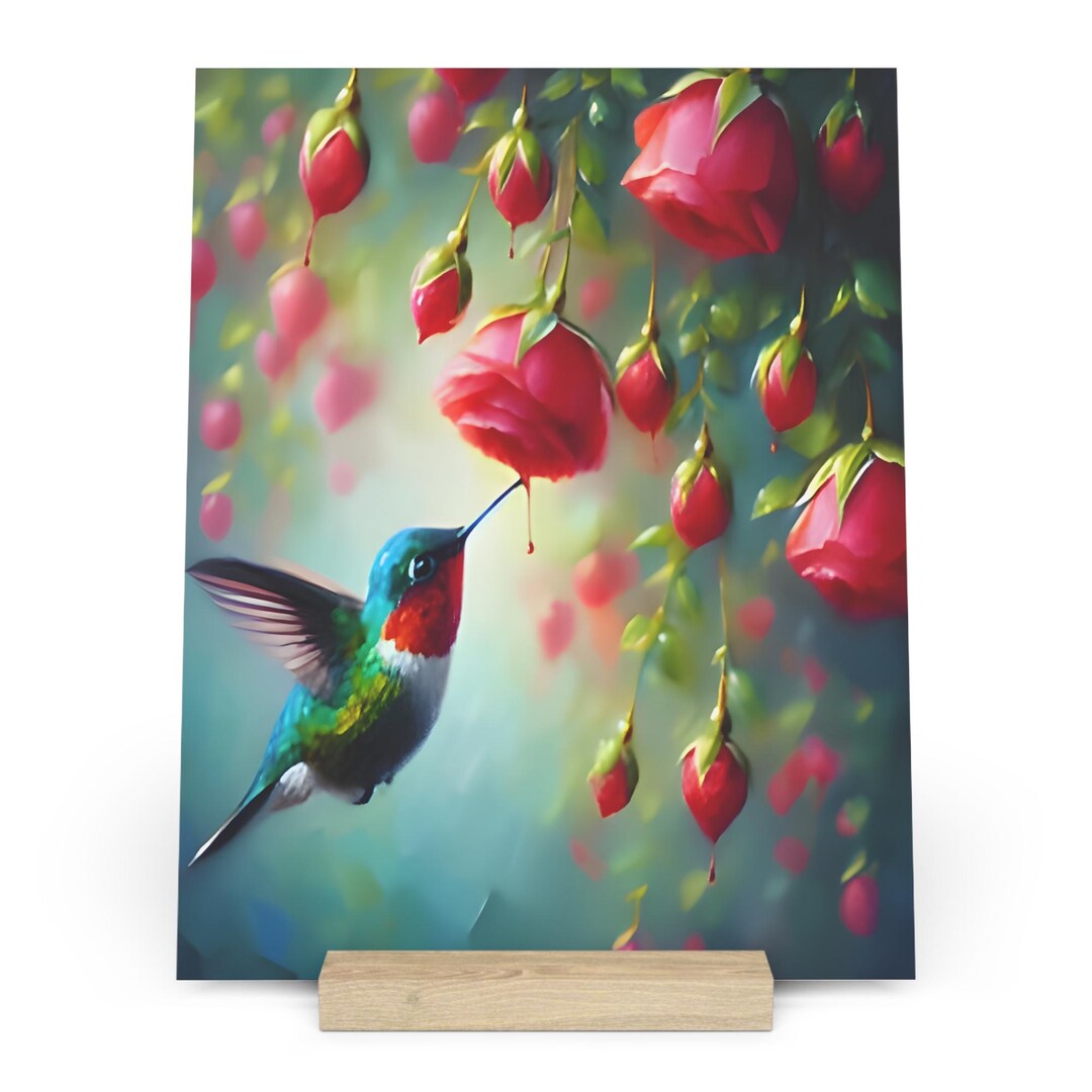 Hummingbird Gallery Board Art Print With Oak Wood Stand, Home Tabletop ...