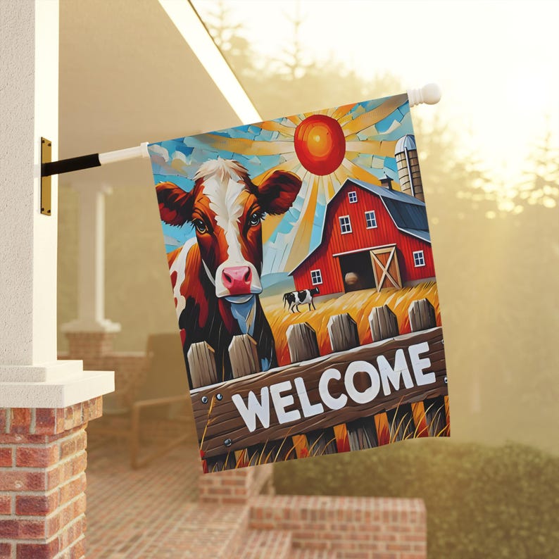 Rustic Farmhouse Welcome Flag, Cow & Barn Yard Decor, Double-sided ...