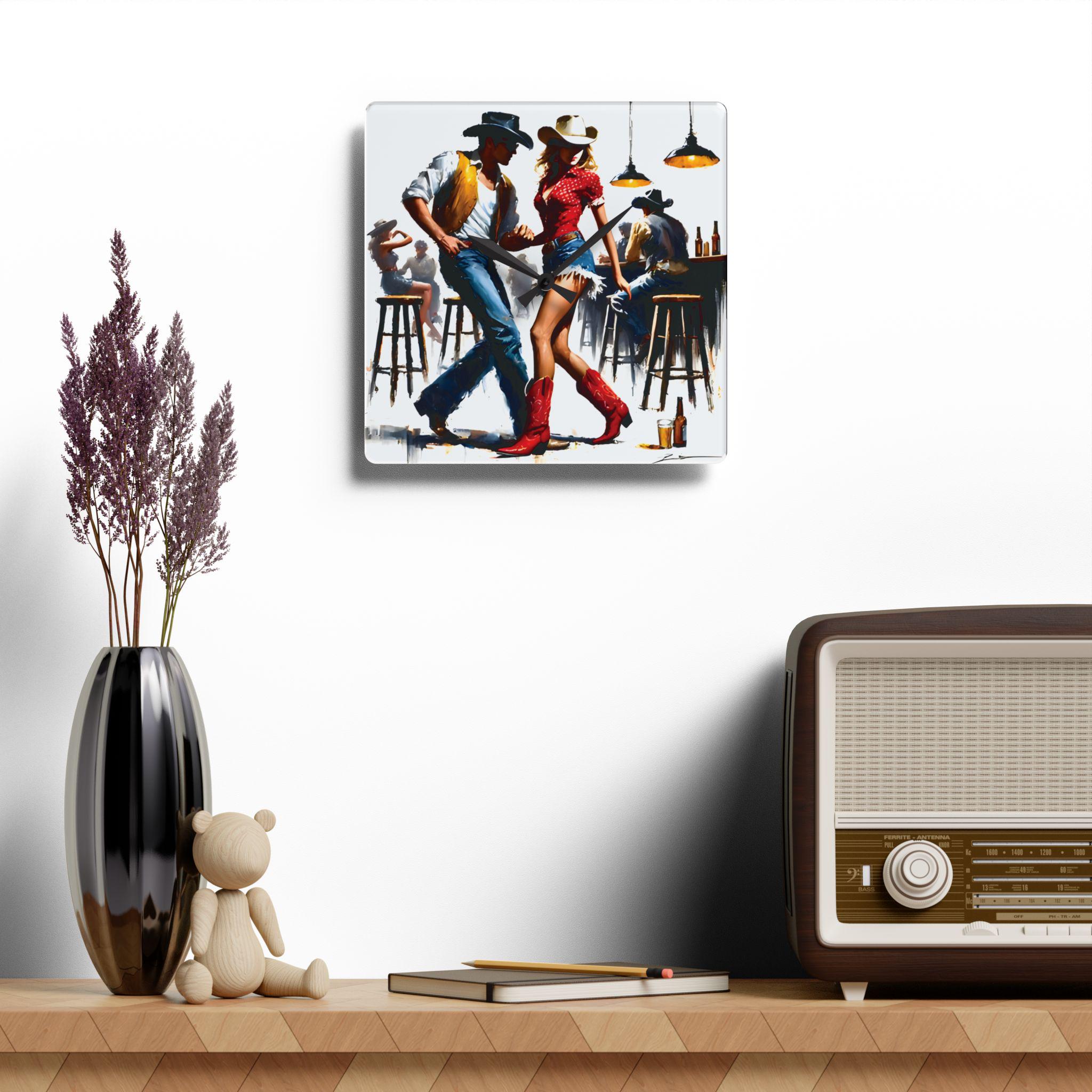 Country Dance Acrylic Clock, Rustic Bar Print Accent, Western Home ...