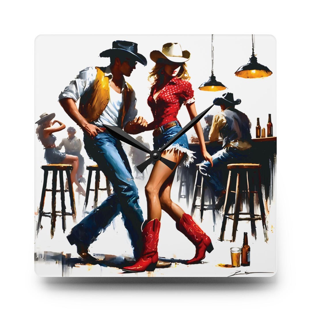 Country Dance Acrylic Clock, Rustic Bar Print Accent, Western Home ...